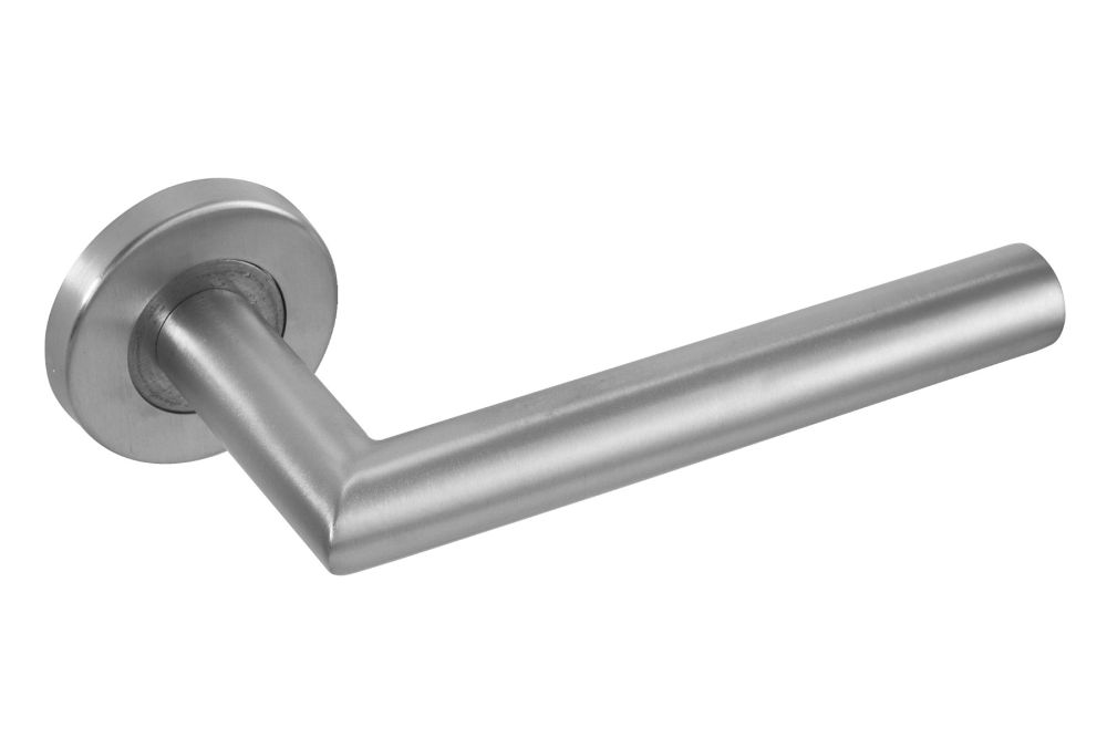 Frisco Mitred Door Lever Handle on Round Rose Set - Satin Stainless ...
